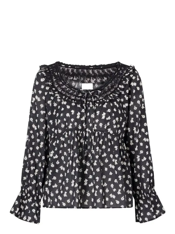 Posse Long Sleeve Floral Print Shirt With Lace Trim - Black