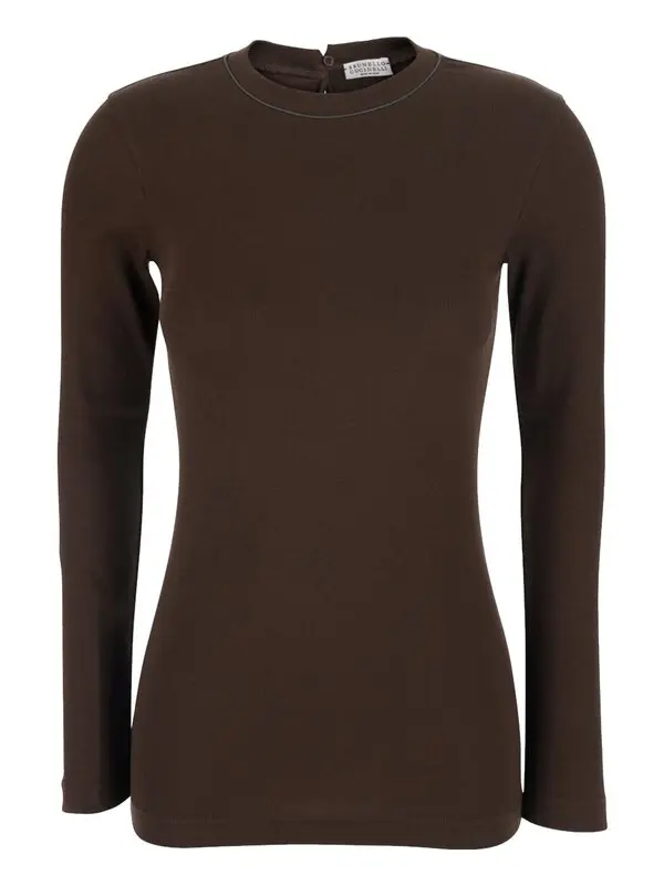 Brunello Cucinelli Embellished Ribbed Long Sleeve Jumper - Brown