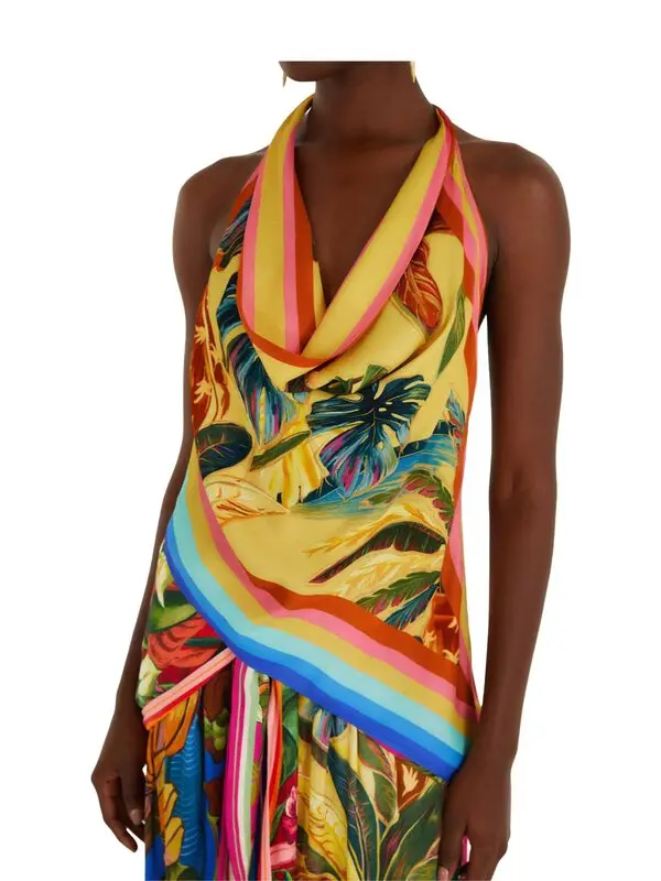 Farm Rio Sleeveless Tropical Print Top With Rainbow Stripes And Open Back - Brown