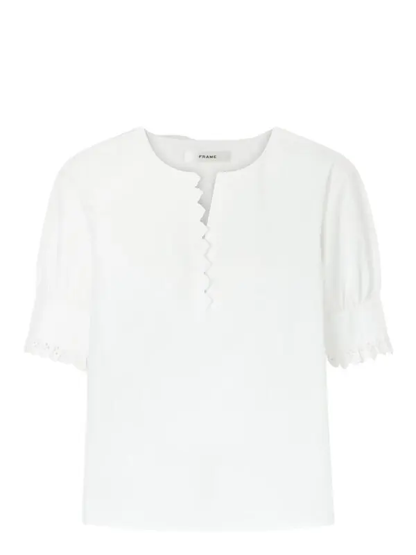 FRAME Scallop Trim V-neck Top - White