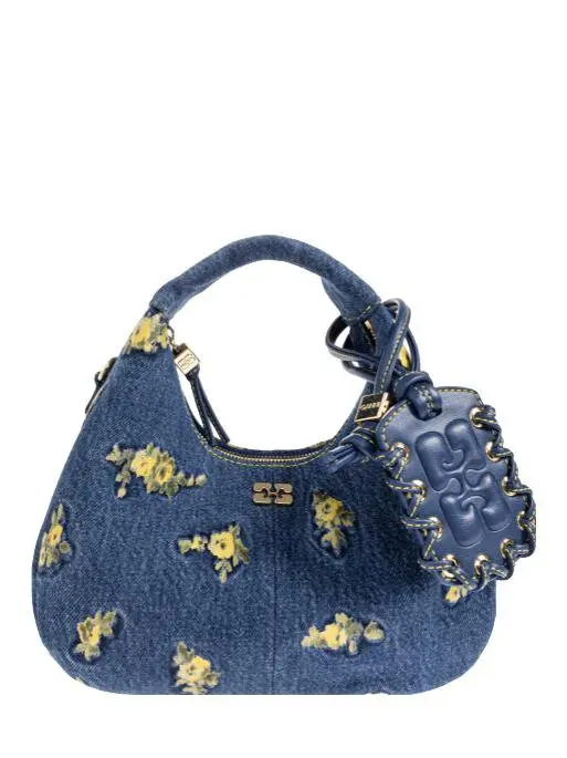 GANNI Embroidered Denim Handbag - Navy Blue