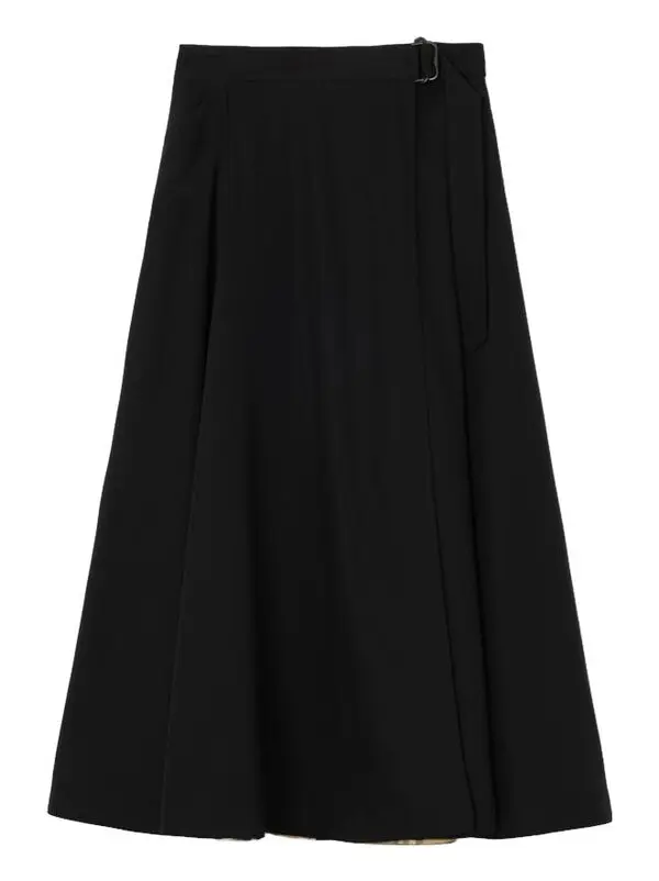 Burberry Wool Twill Midi Skirt With Buckle Belt - Black