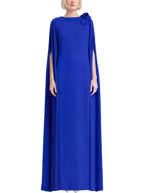 GEMY MAALOUF Royal Gown With Rose Detail Cape Sleeves - Blue