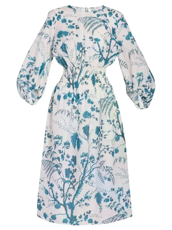 Erdem Botanical Print Shirred Waist Midi Dress - White
