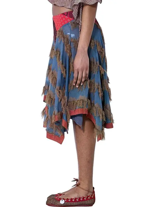 KIKO KOSTADINOV Asymmetrical Hem Midi Skirt With Fringe Detail - Blue