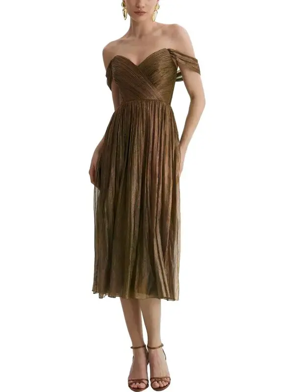 FRAMBOISE Giavera Pleated Off-shoulder Midi Dress - Brown