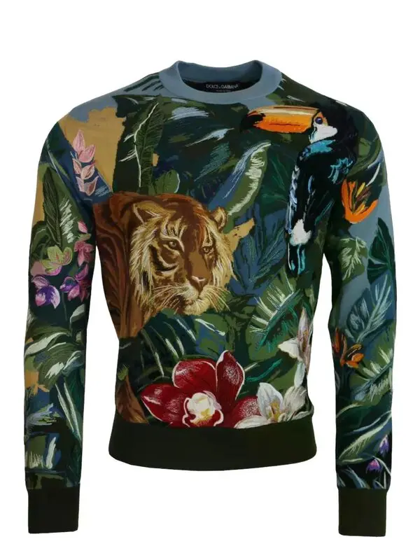Dolce & Gabbana Embroidered Tropical Pattern Sweater - Blue