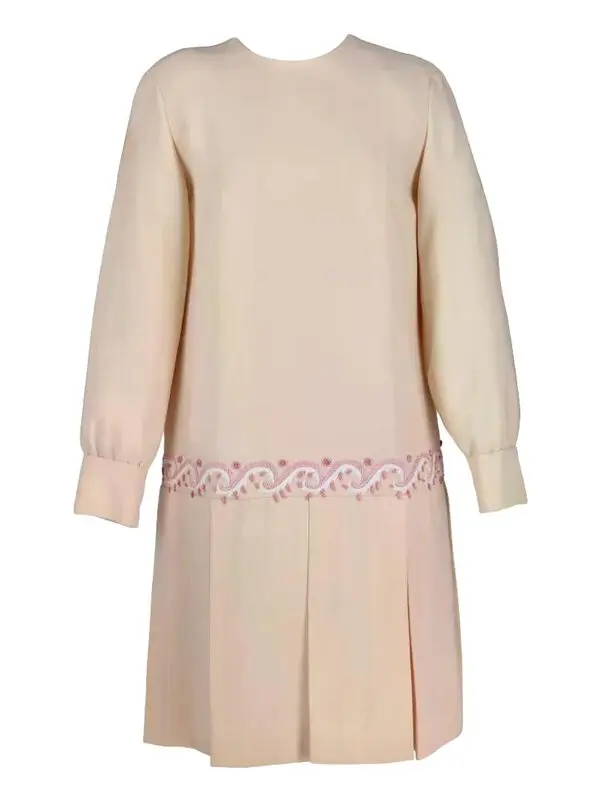 Vintage Embroidered Detail Pleated Wool Midi Dress - Neutrals