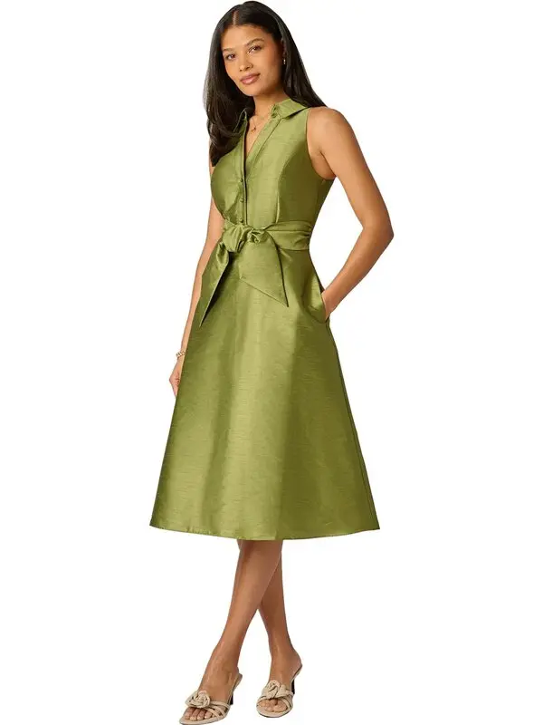 Adrianna Papell Sleeveless Collared Tie Front A-line Midi Dress - Olive