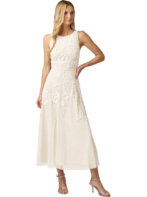 Adrianna Papell Floral Beaded A-line Dress - Ivory/pearl