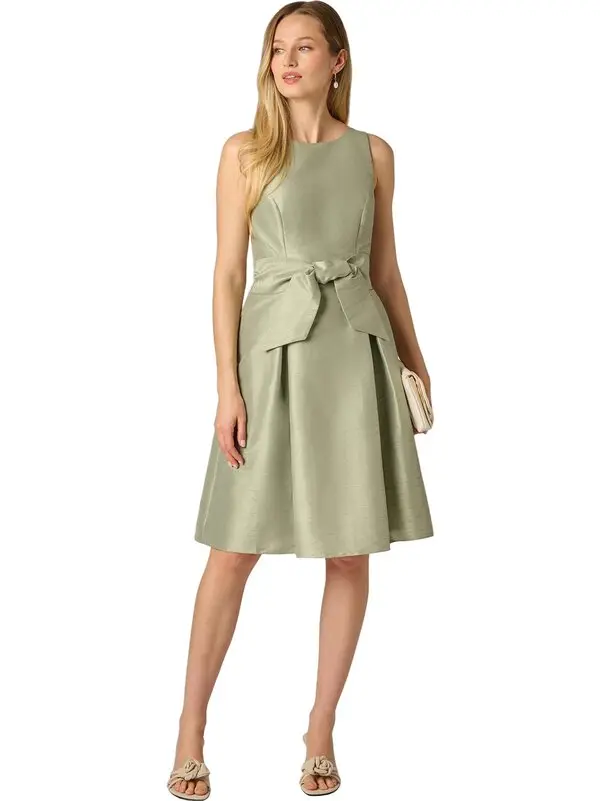 Adrianna Papell Dupioni Tie-front Fit And Flare Dress - Sage
