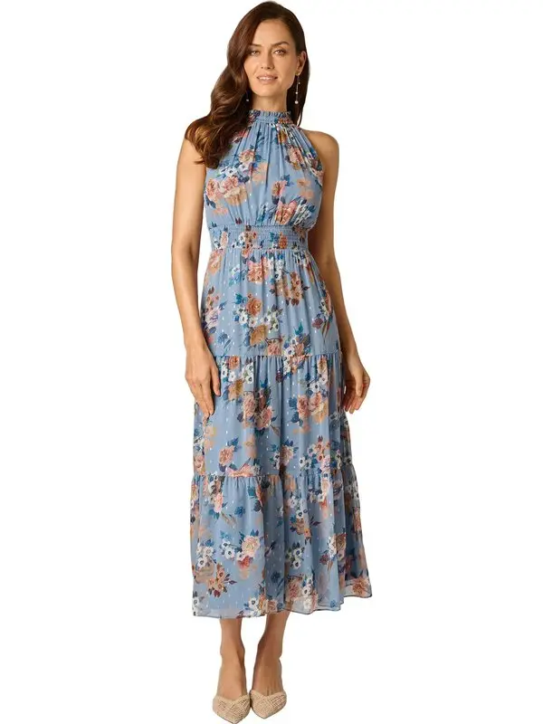 Adrianna Papell Floral Meta Chiffon Tiered Halter Midi Dress - Blue Multi