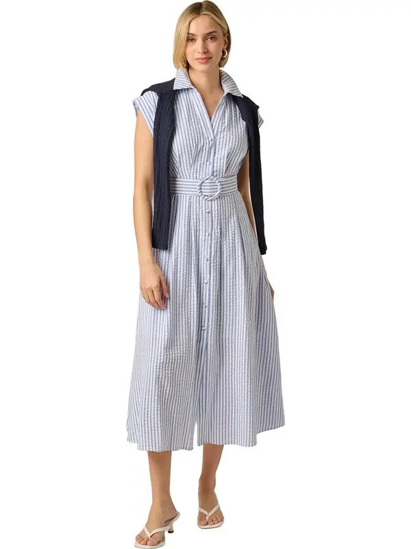 Adrianna Papell Belted Midi Dress - Blue/ivory
