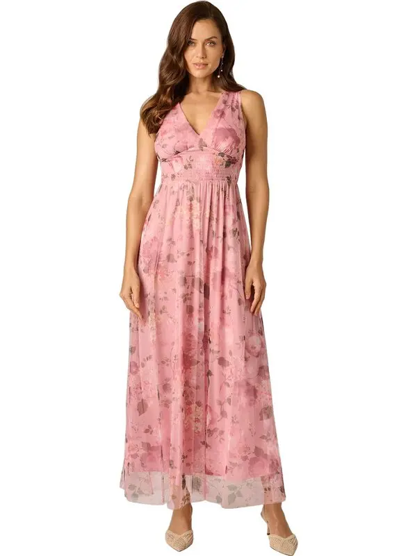 Adrianna Papell Floral Print Mesh Smocked Maxi Dress - Blush Multi
