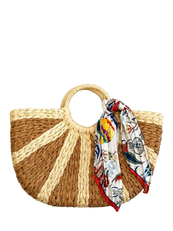 NUVV COLLECTION Sunray Woven Straw Tote Bag With Scarf - Beige/brown