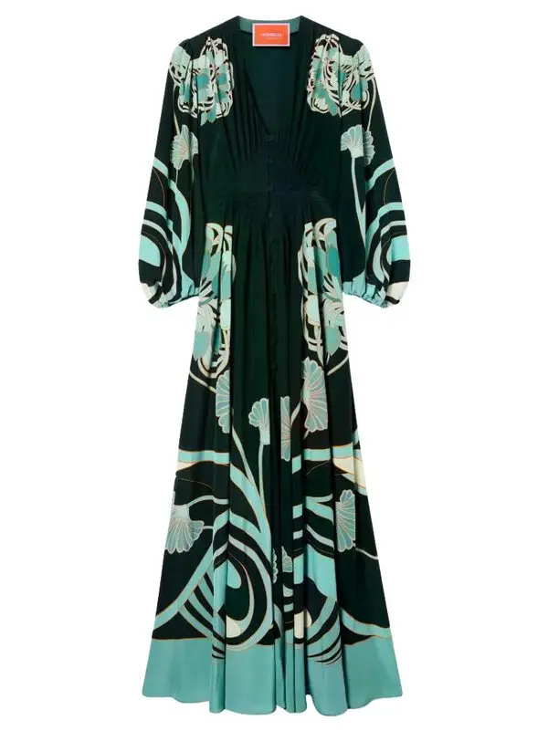 La DoubleJ Blooming Tulip Placed Dark Crepe De Chine Long Camerino Dress - Green