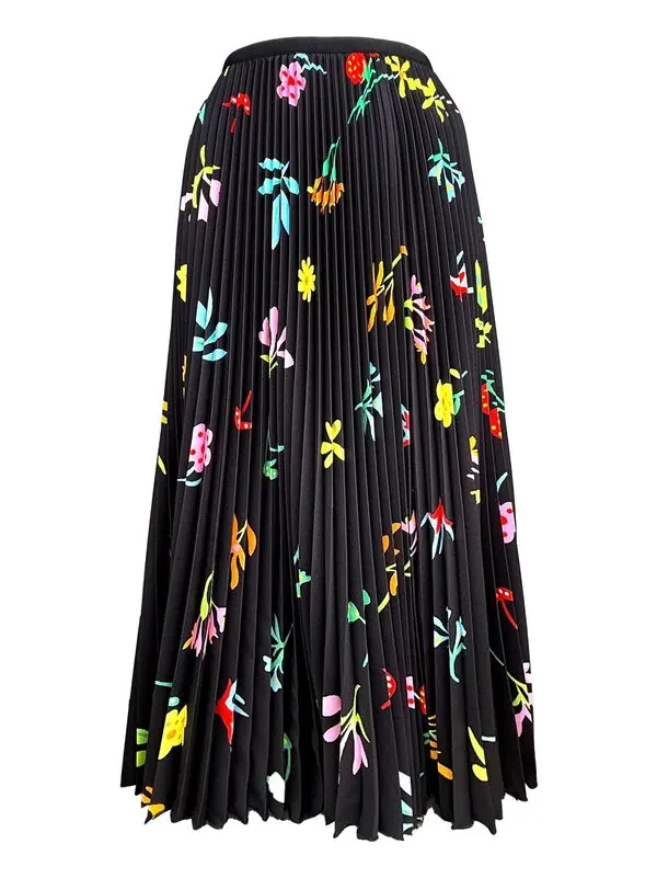 WILD COSMOS Floral Pleated Midi Skirt - Black