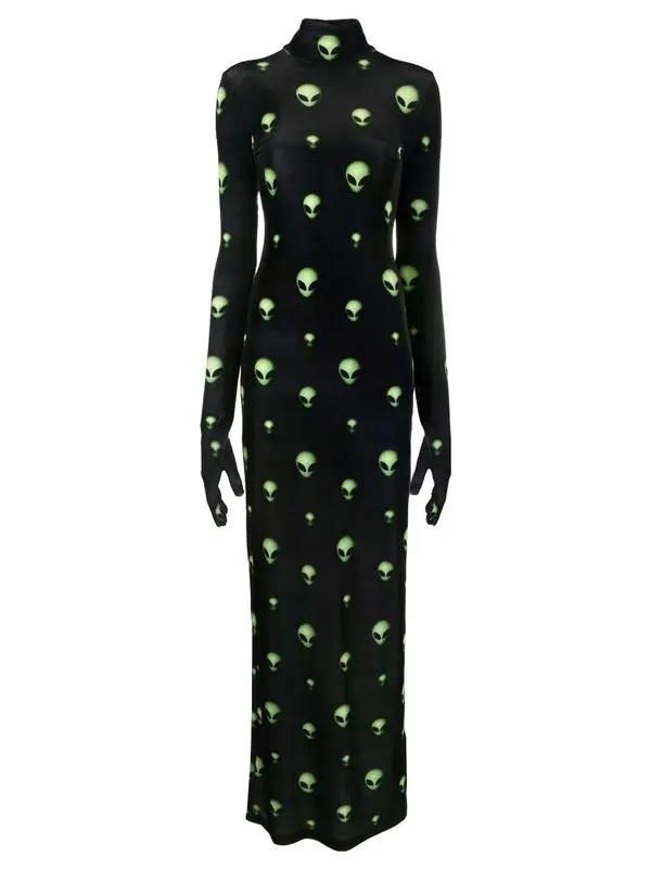 Vetements Graphic Print Long Sleeve Maxi Dress - Black