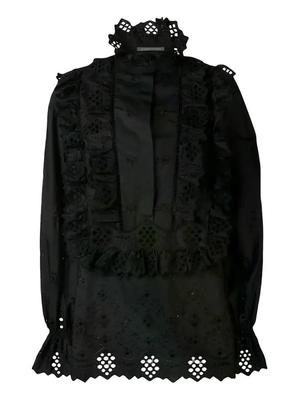 Alberta Ferretti Embroidered Ruffled Bib Blouse - Black