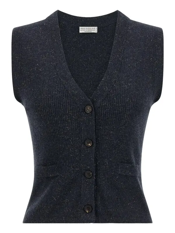 Brunello Cucinelli Ribbed Cashmere Knit Vest With Lamé Thread - Blue