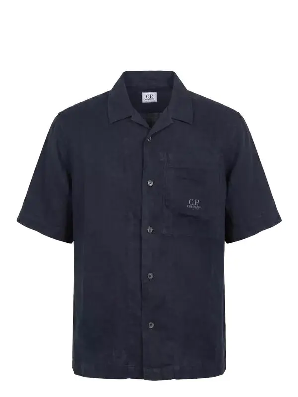 C.P. COMPANY Logo-print Short-sleeve Linen Shirt - Blue