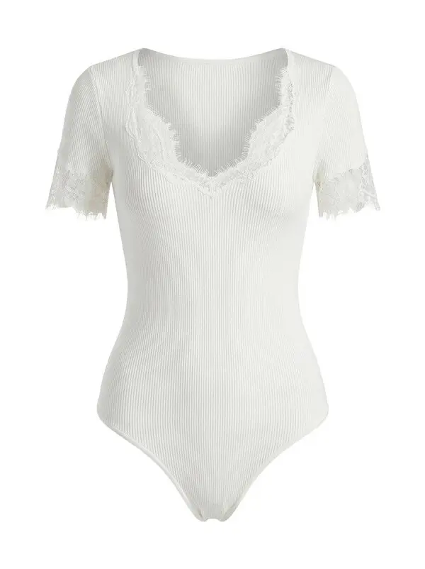 SELF-PORTRAIT Lace Trim Knit Bodysuit - Multicolor