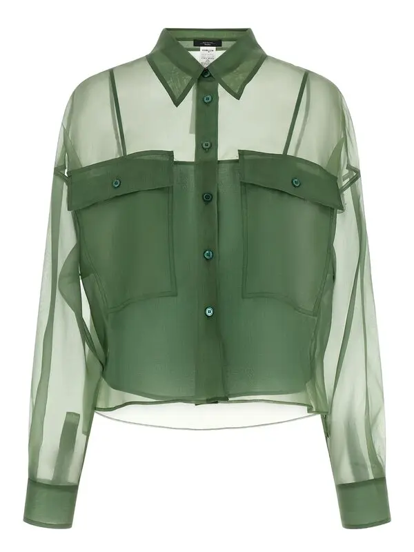 Max Mara Wkdcolomba" Semi-transparent Silk Organza Shirt With Pointed Collar And Pockets - Green
