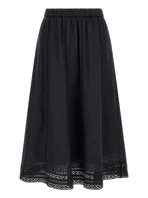 Max Mara Linen Canvas Midi Skirt With Embroidered Trimmings - Black
