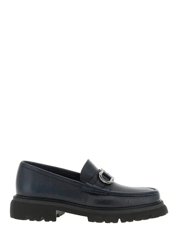 FERRAGAMO Cocoon" Hammered Leather Loafers With Gancini Detail - Blue