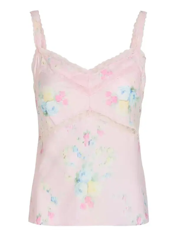 LoveShackFancy Lirena Floral Print Lace Trim Tank Top - Pink