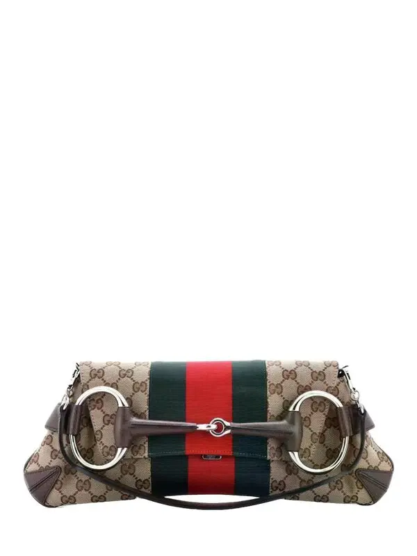 Gucci Horsebit Nm Web Chain Clutch Gg Canvas Shoulder Bag - Brown