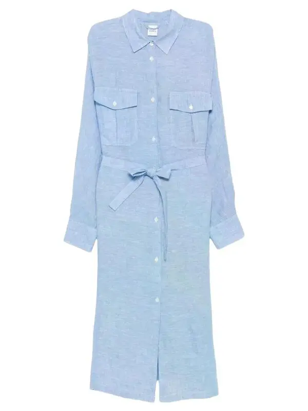 Aspesi Belted Shirt Dress In Slub Texture - Blue