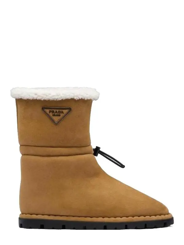 Prada Shearling Logo Booties - Cognac