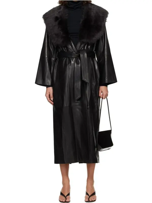 Nour Hammour Leather Coat With Detachable Fur Trim - Black
