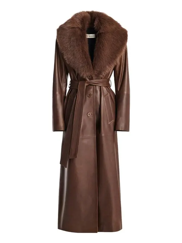 Nour Hammour Long Sleeved Leather Coat With Detachable Fur Trim - Green