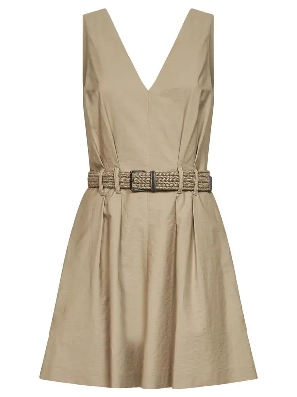 Brunello Cucinelli Textured Twill Belted Dress - Nude