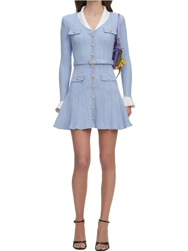 SELF-PORTRAIT Ribbed Knit Mini Dress With Contrasting Collar And Cuffs - Blue