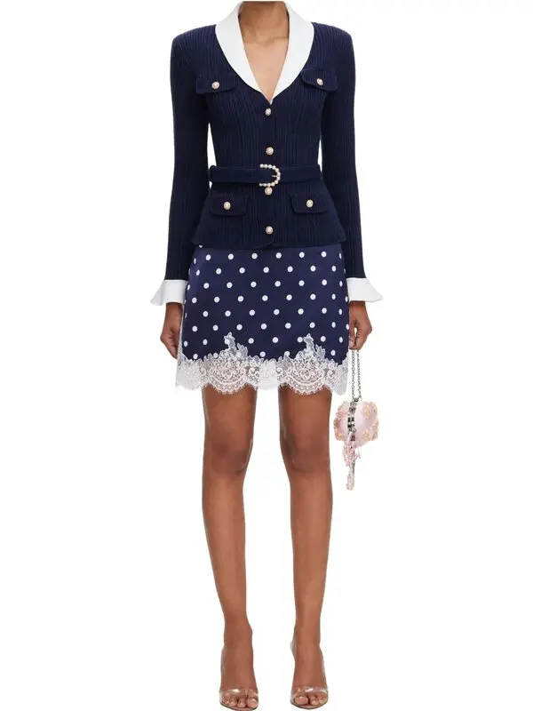SELF-PORTRAIT Ribbed Knit Cardigan With Contrasting Collar And Cuffs - Navy Blue
