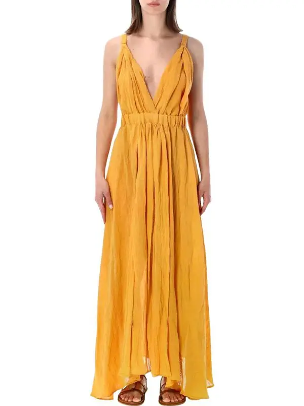120% Lino V-neck Maxi Dress With Open Back And Front Slit - Orange