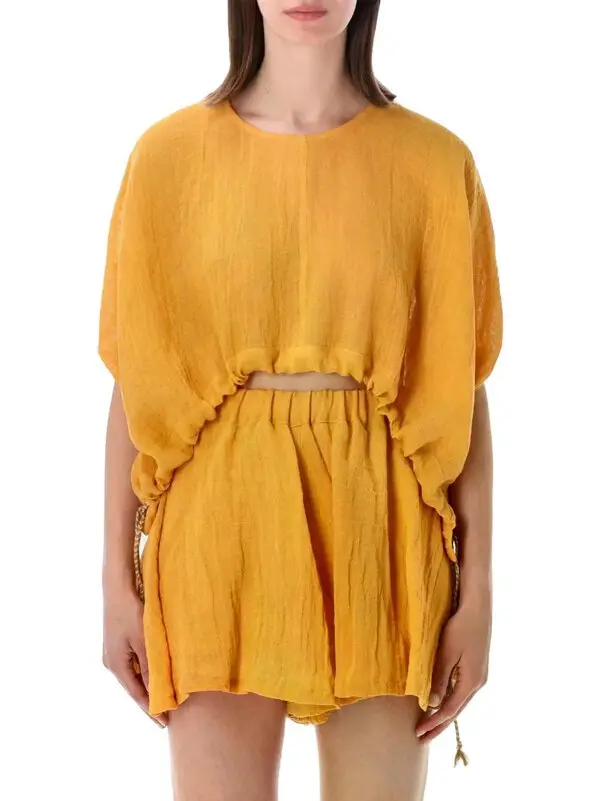 120% Lino Crew Neck Cropped Blouse - Orange