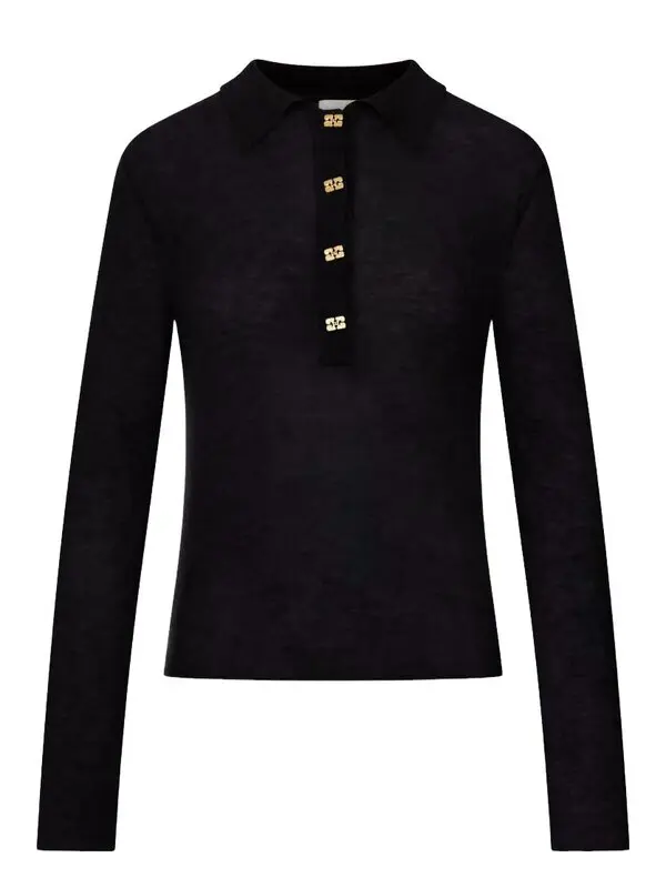 GANNI Ribbed Knit Polo Top - Black
