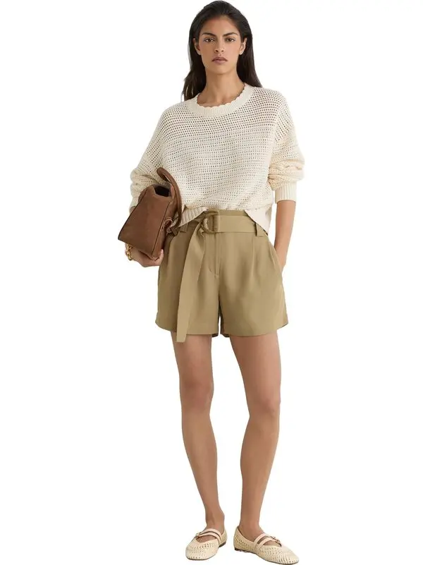 REISS Lana Twill Belted Relaxed Shorts - Neutral