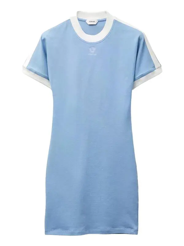 Versace Embroidered Logo Stretch Cotton-jersey Mini Dress - Blue