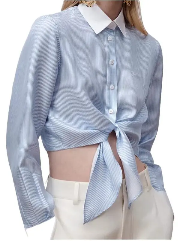 Dior Striped Tie Front Cropped Blouse - Blue And White