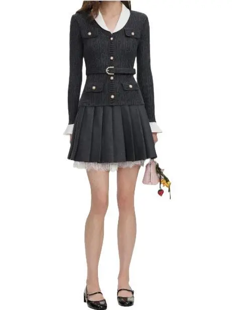 SELF-PORTRAIT Contrast Collar Belted Cardigan - Grey