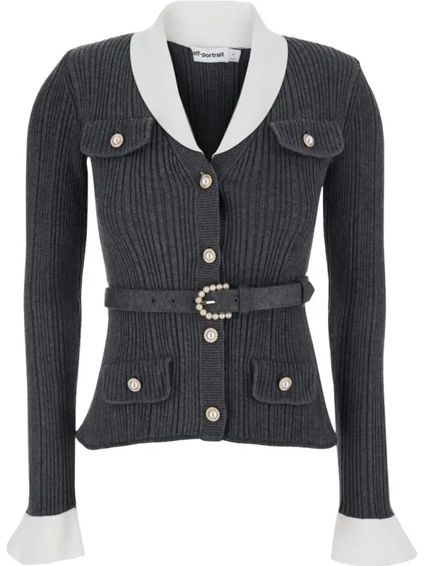 SELF-PORTRAIT Contrast-collar Belted Cardigan - Grey