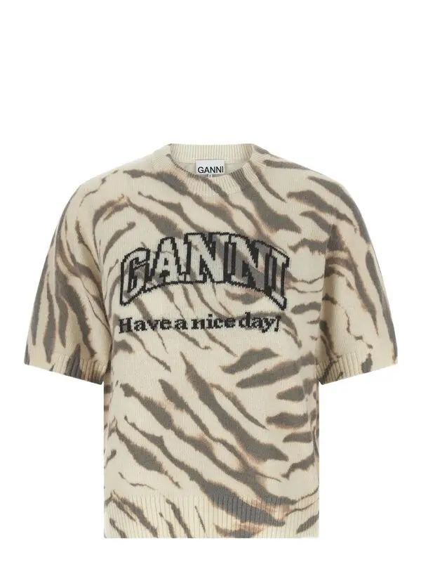 GANNI Graphic Logo Knitted Short Sleeve Top - Neutrals