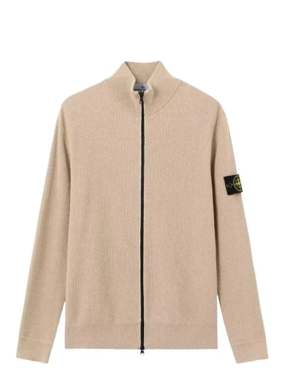 Stone Island Logo-patch Ribbed Cardigan - Desert Melange