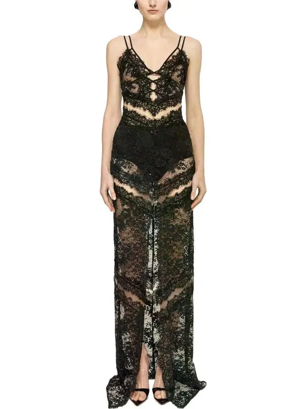 NISSA Beaded Lace-trimmed Maxi Dress - Black