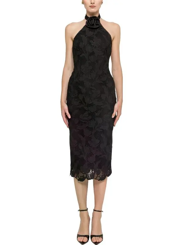 NISSA Flower Appliqué Midi Dress - Black